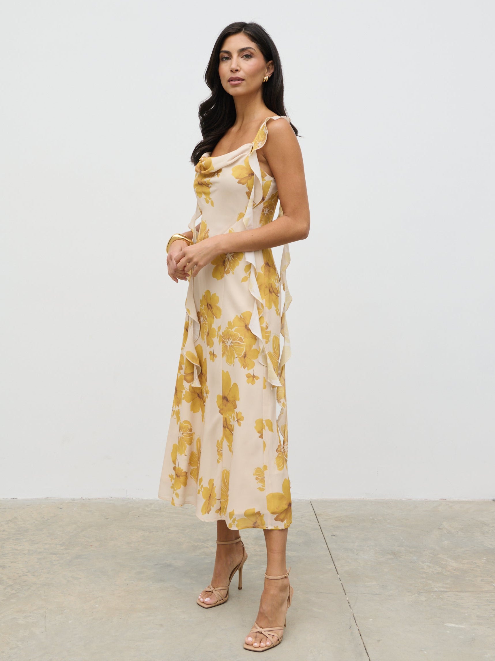 Rya Ruffle Midaxi Dress - Yellow Ochre Floral – Pretty Lavish