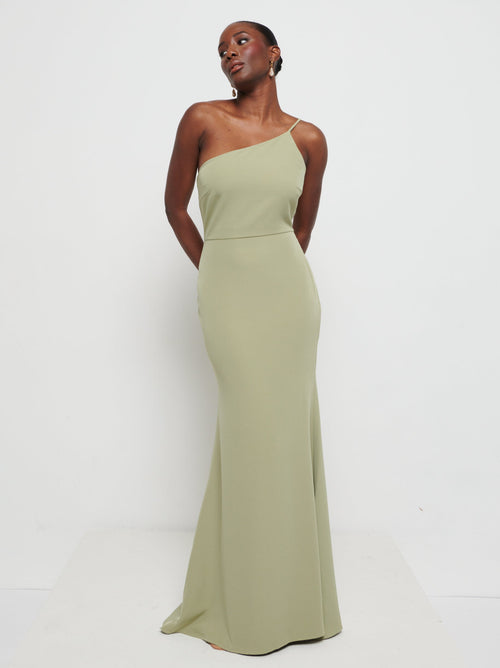 Amelia One Shoulder Crepe Maxi Bridesmaid Dress - Olive – Pretty Lavish