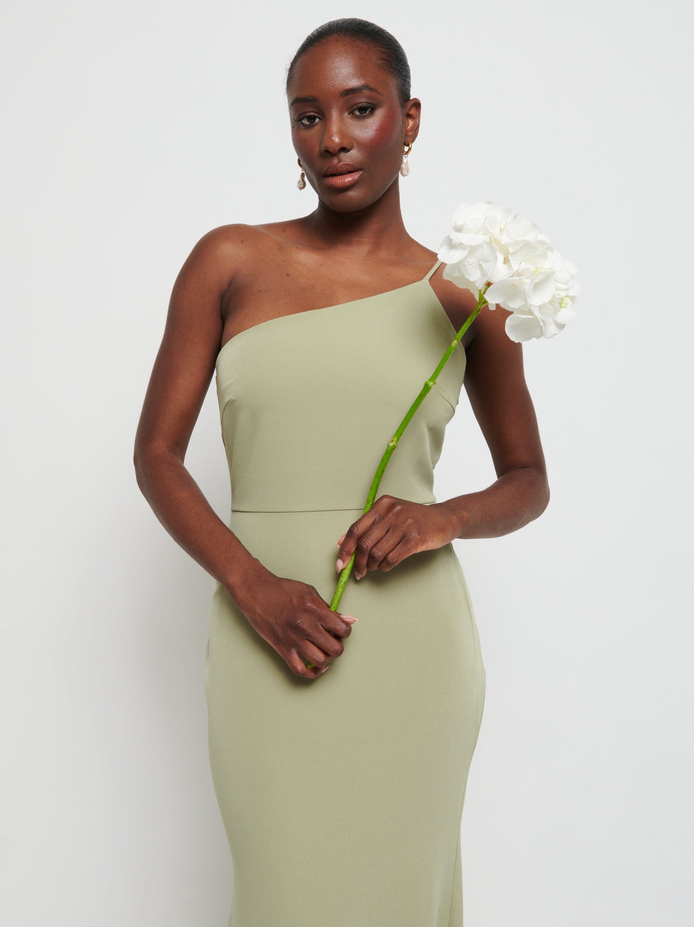 Amelia One Shoulder Crepe Maxi Bridesmaid Dress - Olive – Pretty Lavish