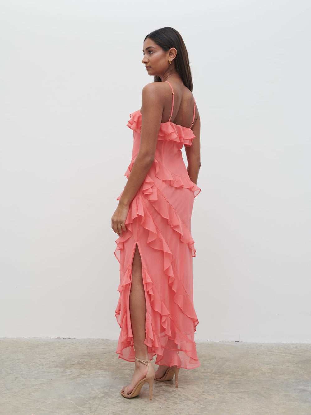 Aryana Ruffle Midaxi Dress - Deep Coral – Pretty Lavish