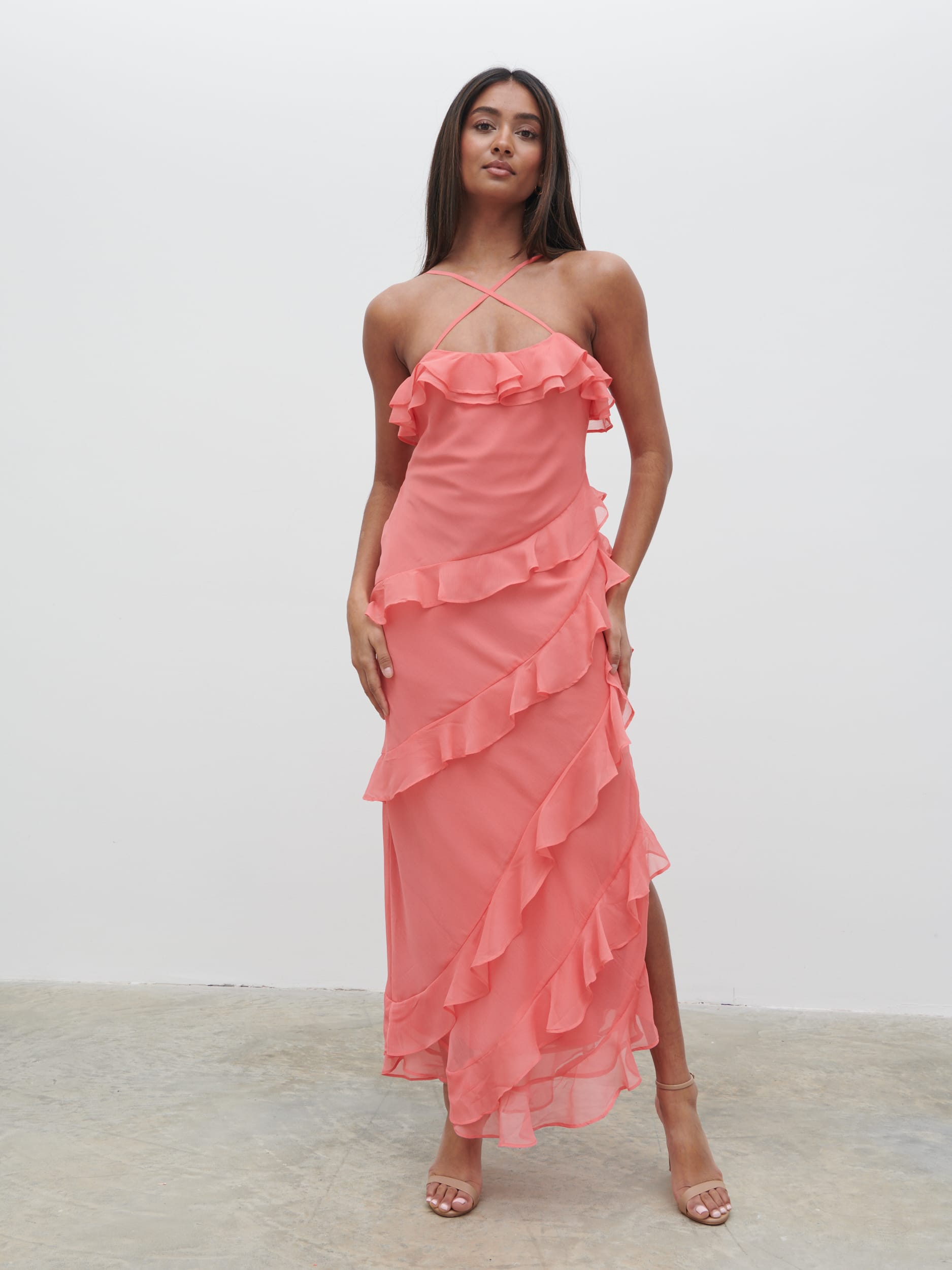 Aryana Ruffle Midaxi Dress - Deep Coral – Pretty Lavish