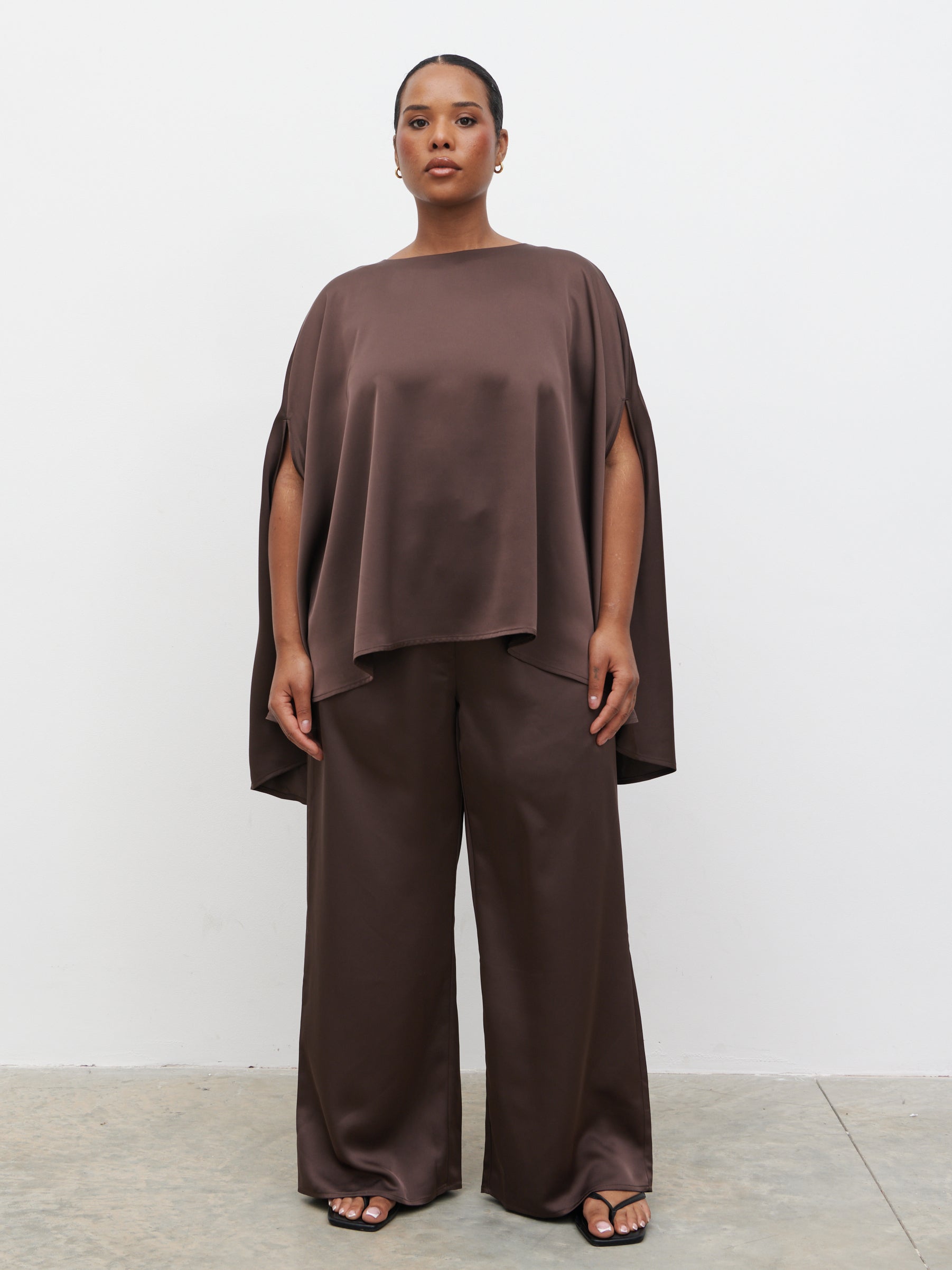 Breya Cape Floaty Satin Top Curve - Chocolate Brown – Pretty Lavish