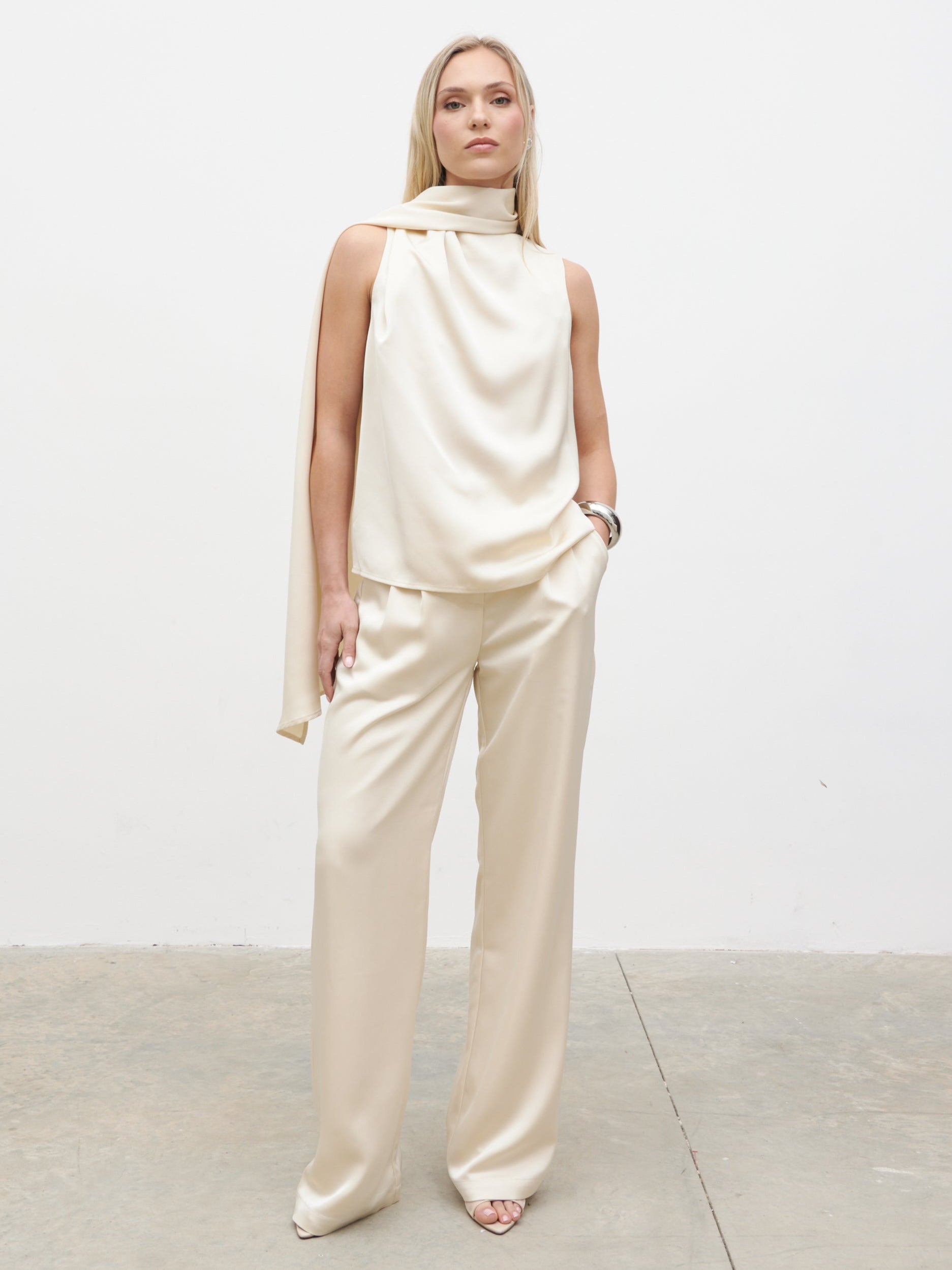 Breya Scarf Satin Top - Oyster – Pretty Lavish