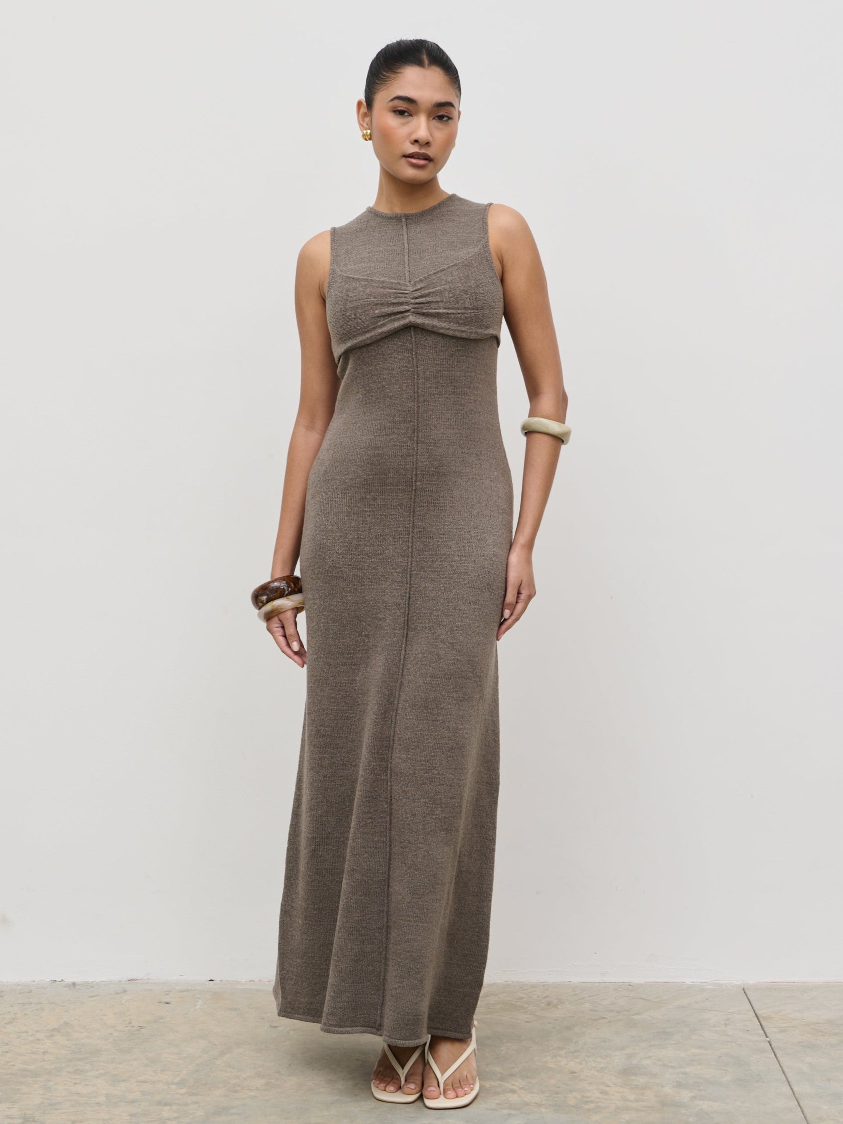 Brittany Fine Tape Bra Detail Knit Maxi Dress - Mushroom – Pretty Lavish