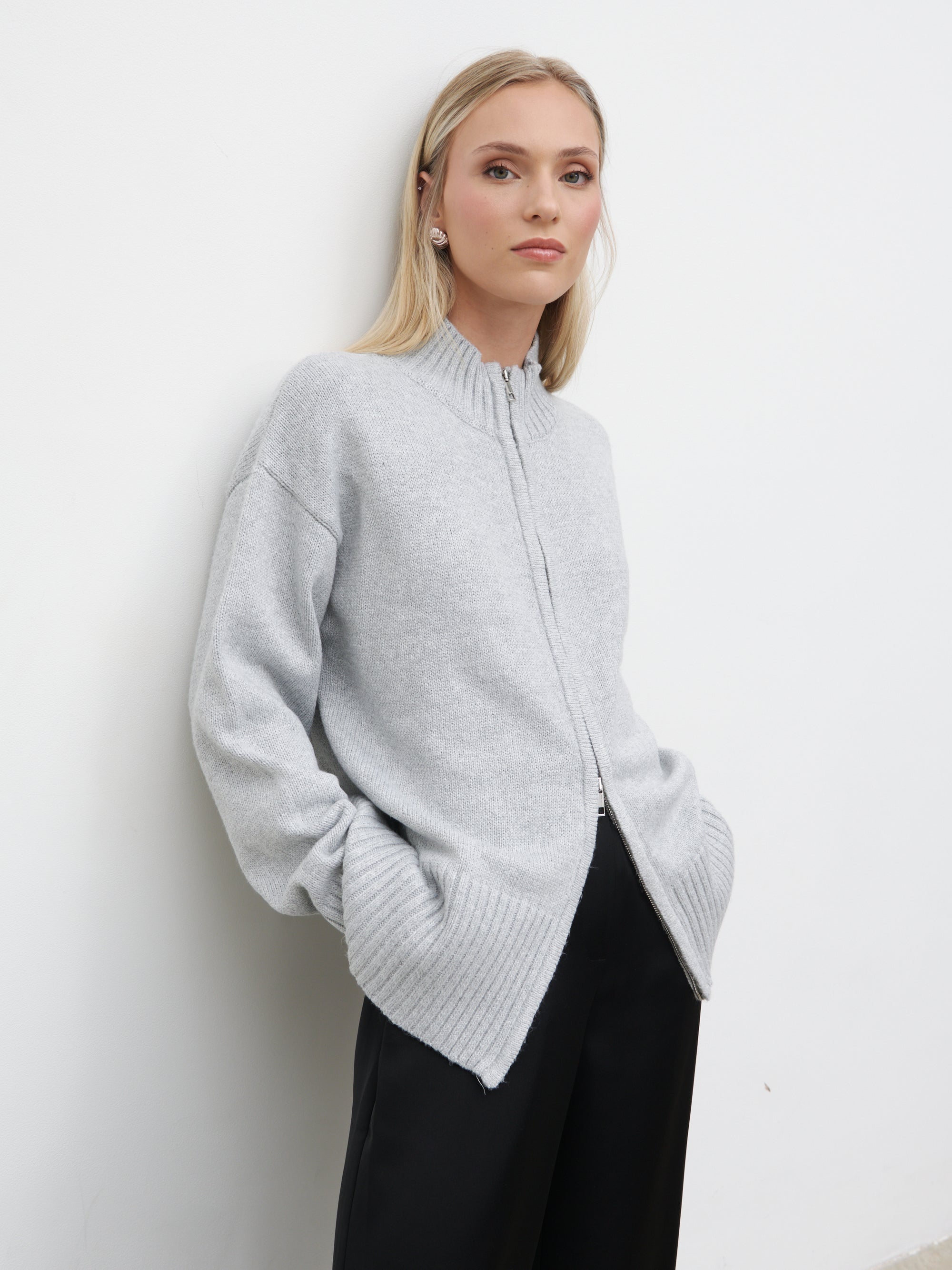 Claudia Double Ended Zip Knit Cardigan - Light Grey – Pretty Lavish