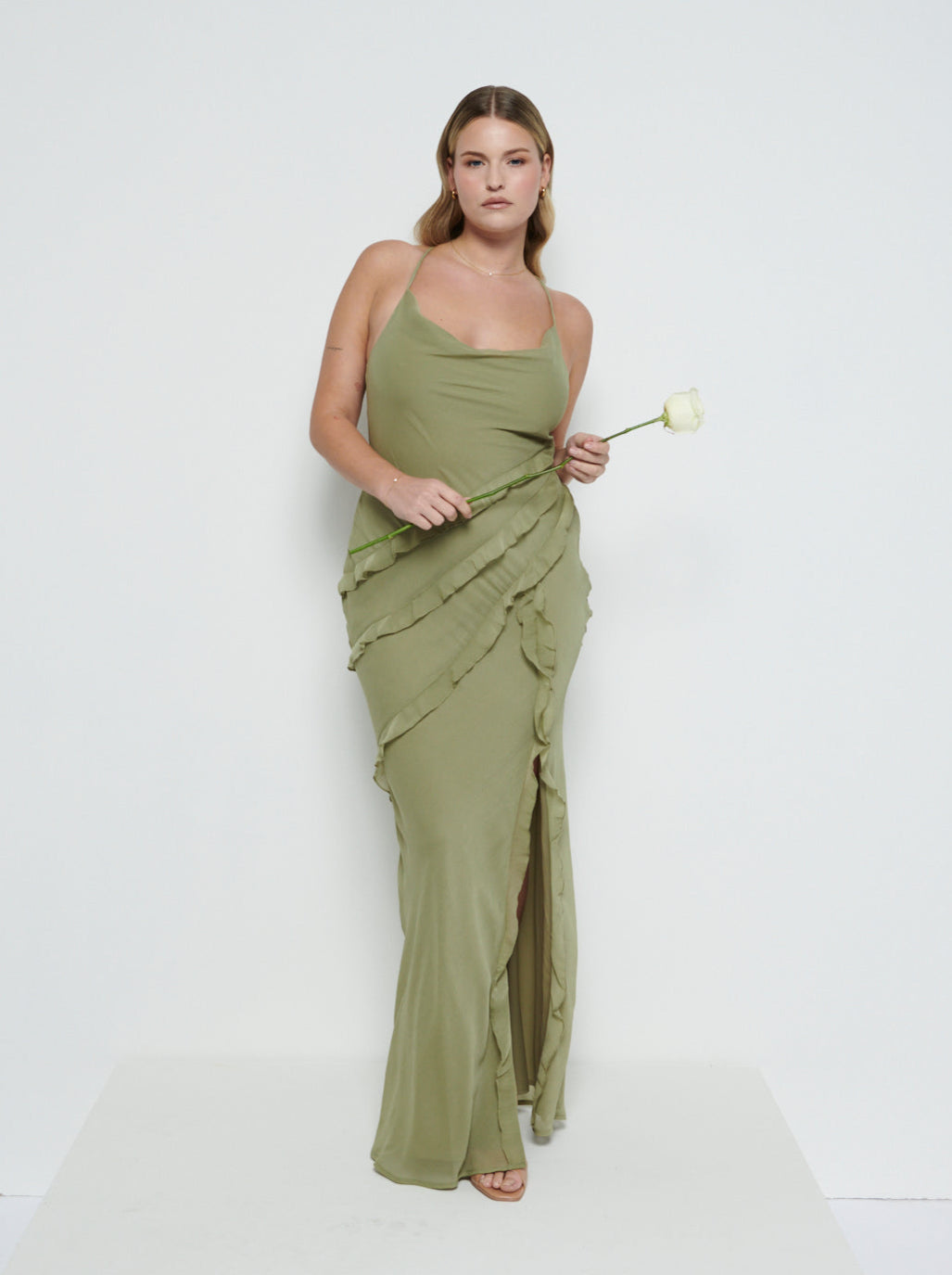 Constance Ruffle Chiffon Maxi Bridesmaid Dress - Olive – Pretty Lavish