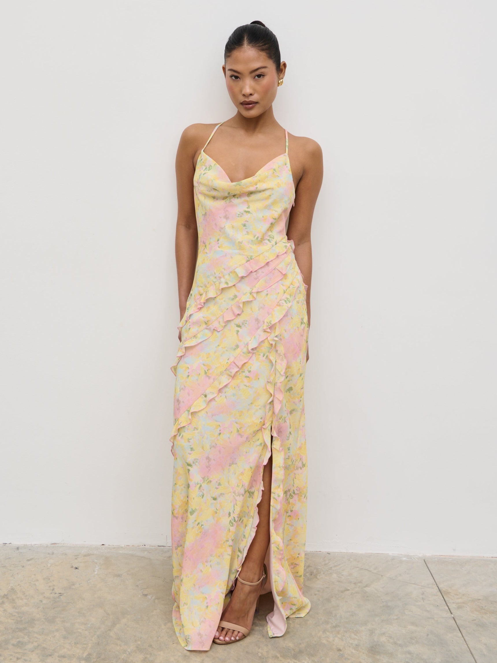 Constance Ruffle Maxi Dress - Pastel Multi Abstract Floral – Pretty Lavish