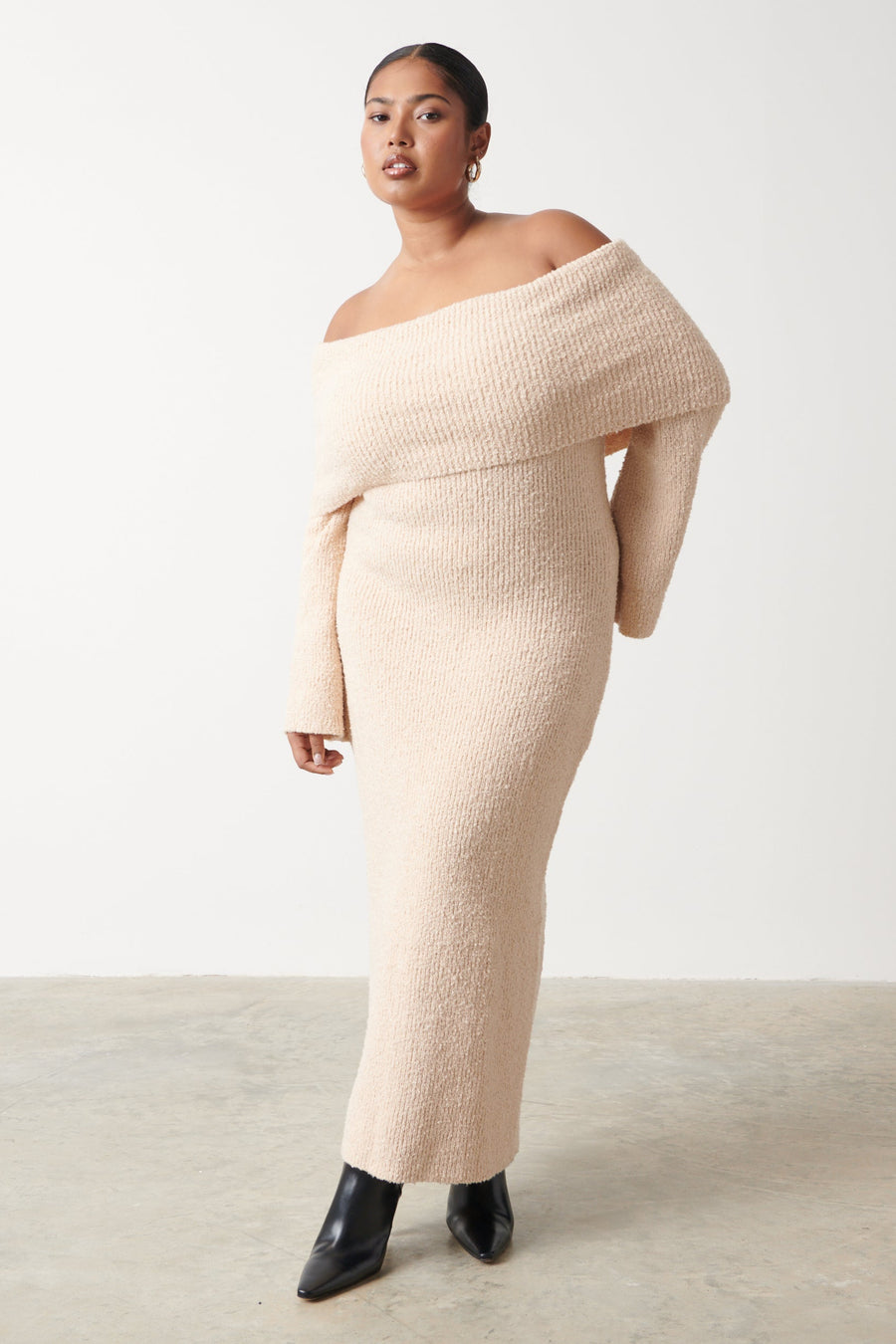 Elodie Midaxi Bardot Knit Dress Curve - Ecru – Pretty Lavish