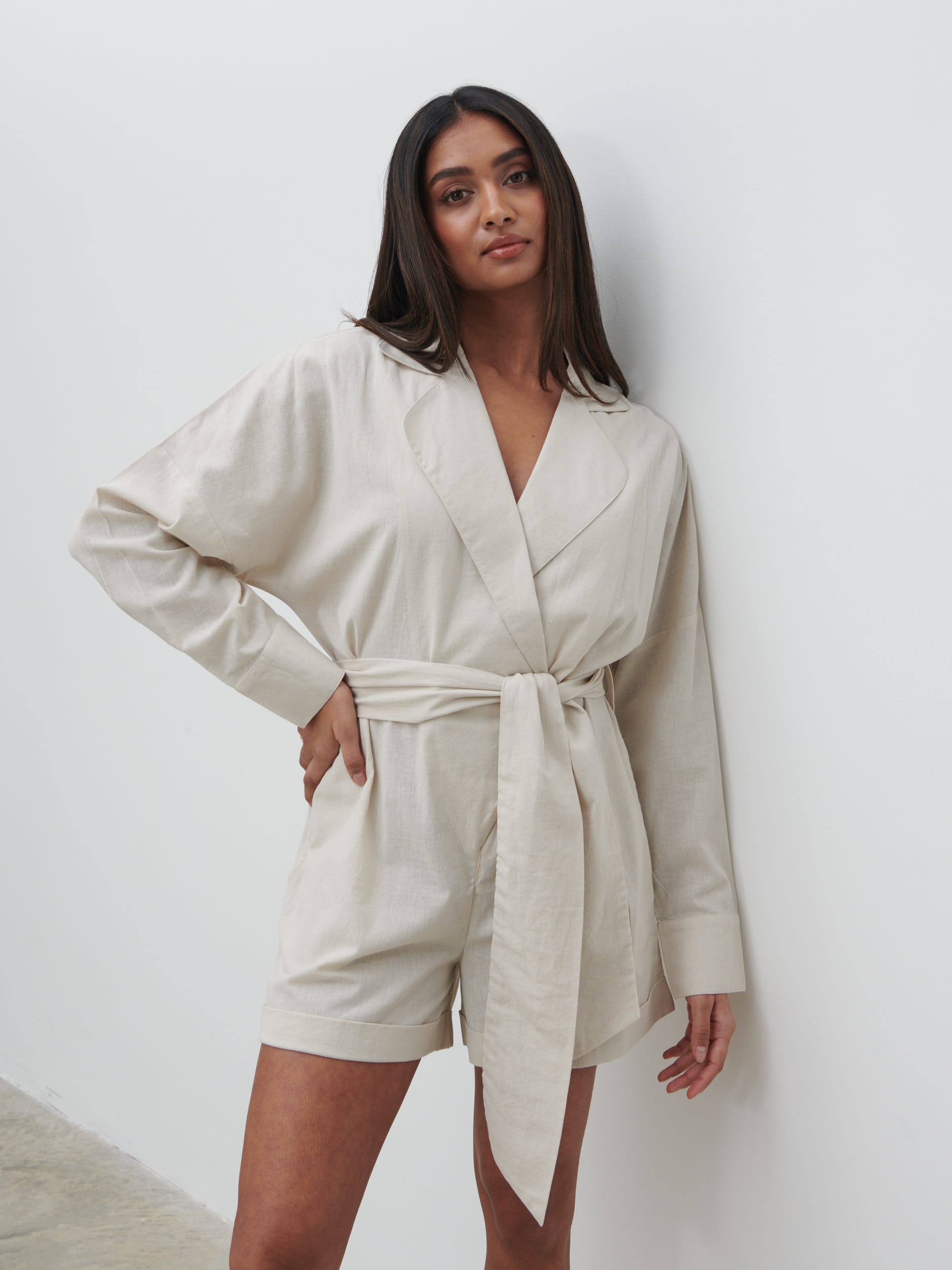 Emilie Belted Playsuit - Oatmeal – Pretty Lavish