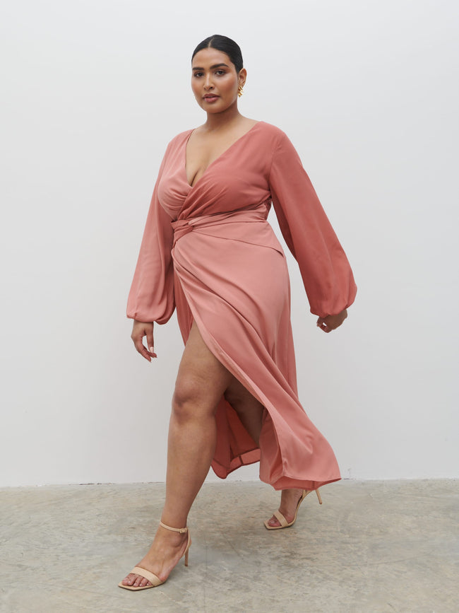 Friena Knot Contrast Midaxi Dress Curve - Terracotta and Dusky Rose ...