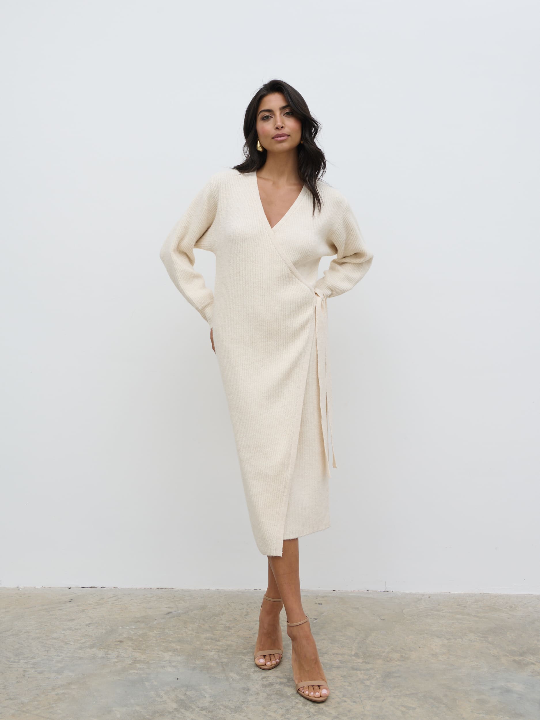 Kinsley Ribbed Wrap Dress - Ecru – Pretty Lavish