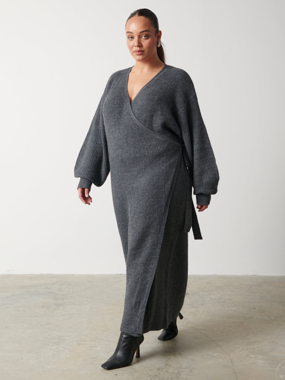 Kinsley Ribbed Wrap Dress Curve - Charcoal Grey – Pretty Lavish