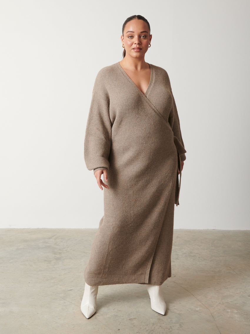 Kinsley Ribbed Wrap Dress Curve - Mushroom – Pretty Lavish