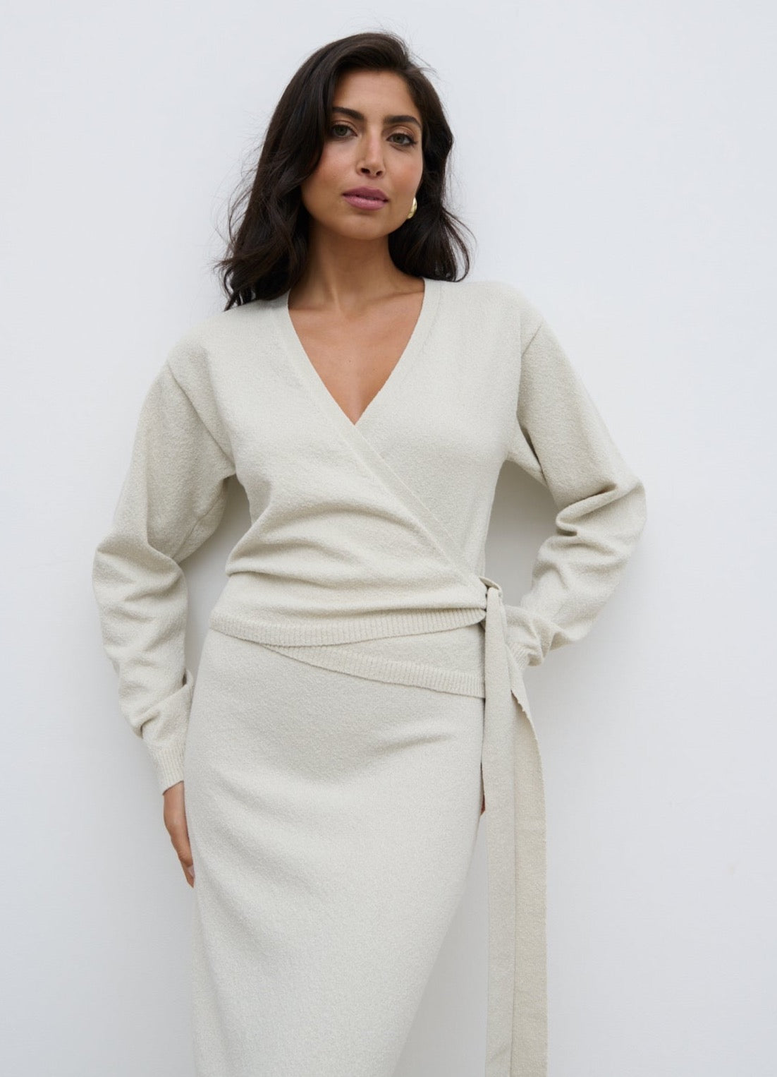 Laney Boucle Knit Wrap Top - Pale Stone – Pretty Lavish