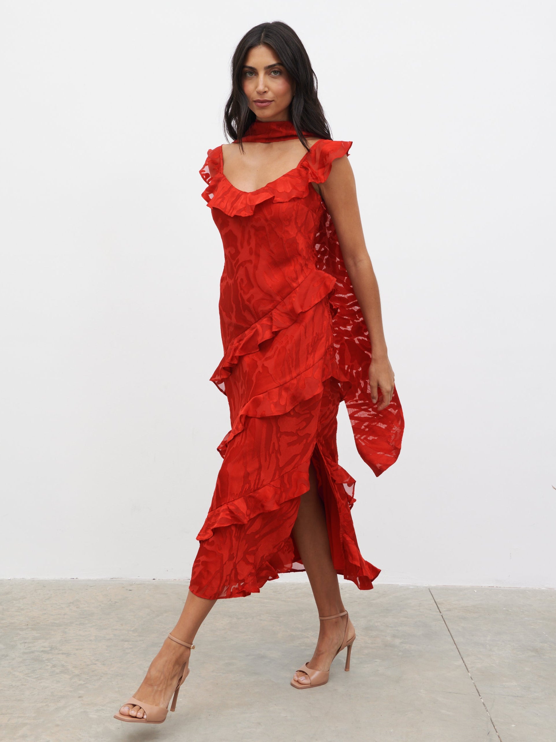 Neima Devore Frill Midaxi Dress - Red – Pretty Lavish