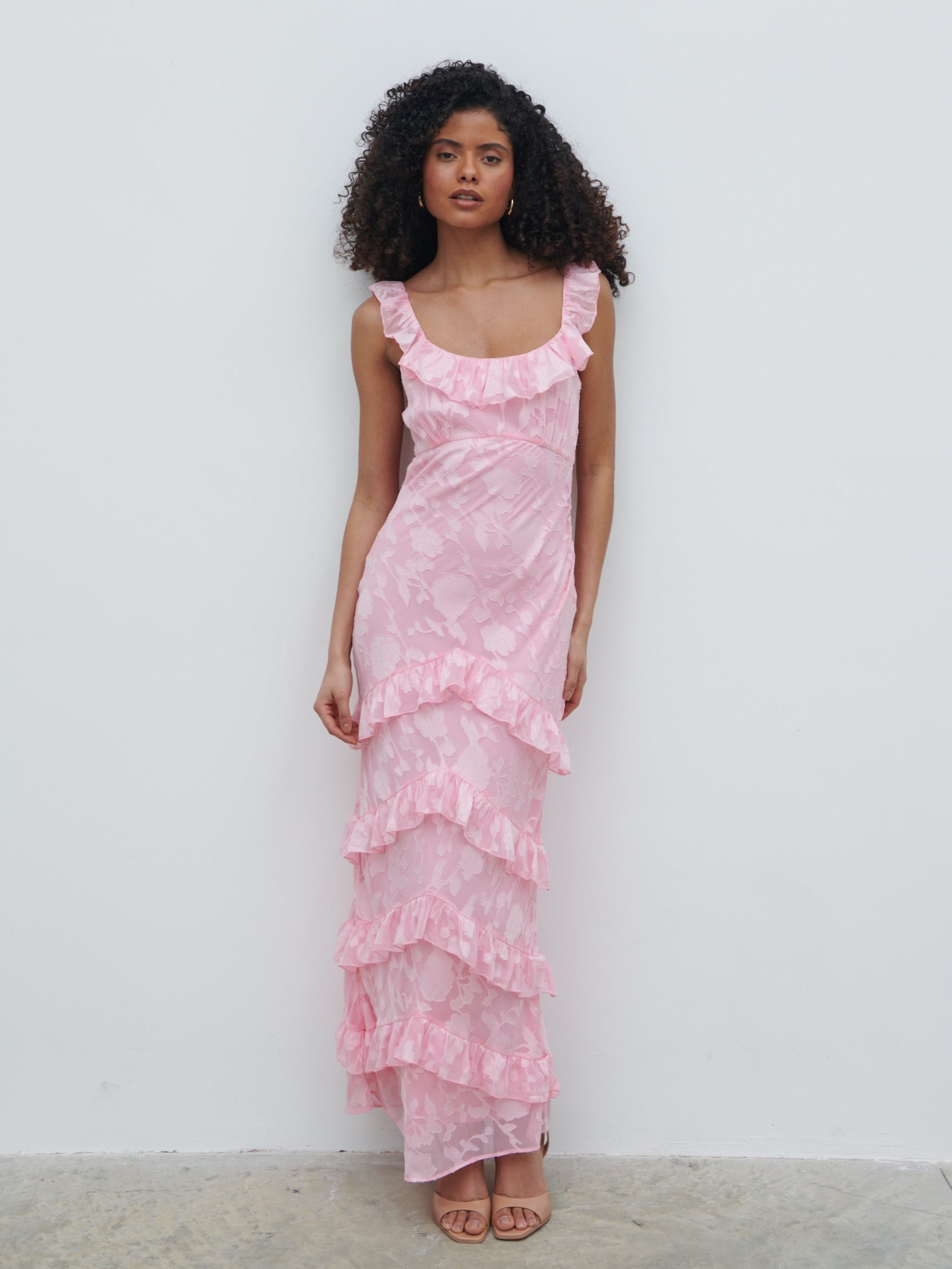 Novie Ruffle Jacquard Maxi Dress - Posie Pink – Pretty Lavish