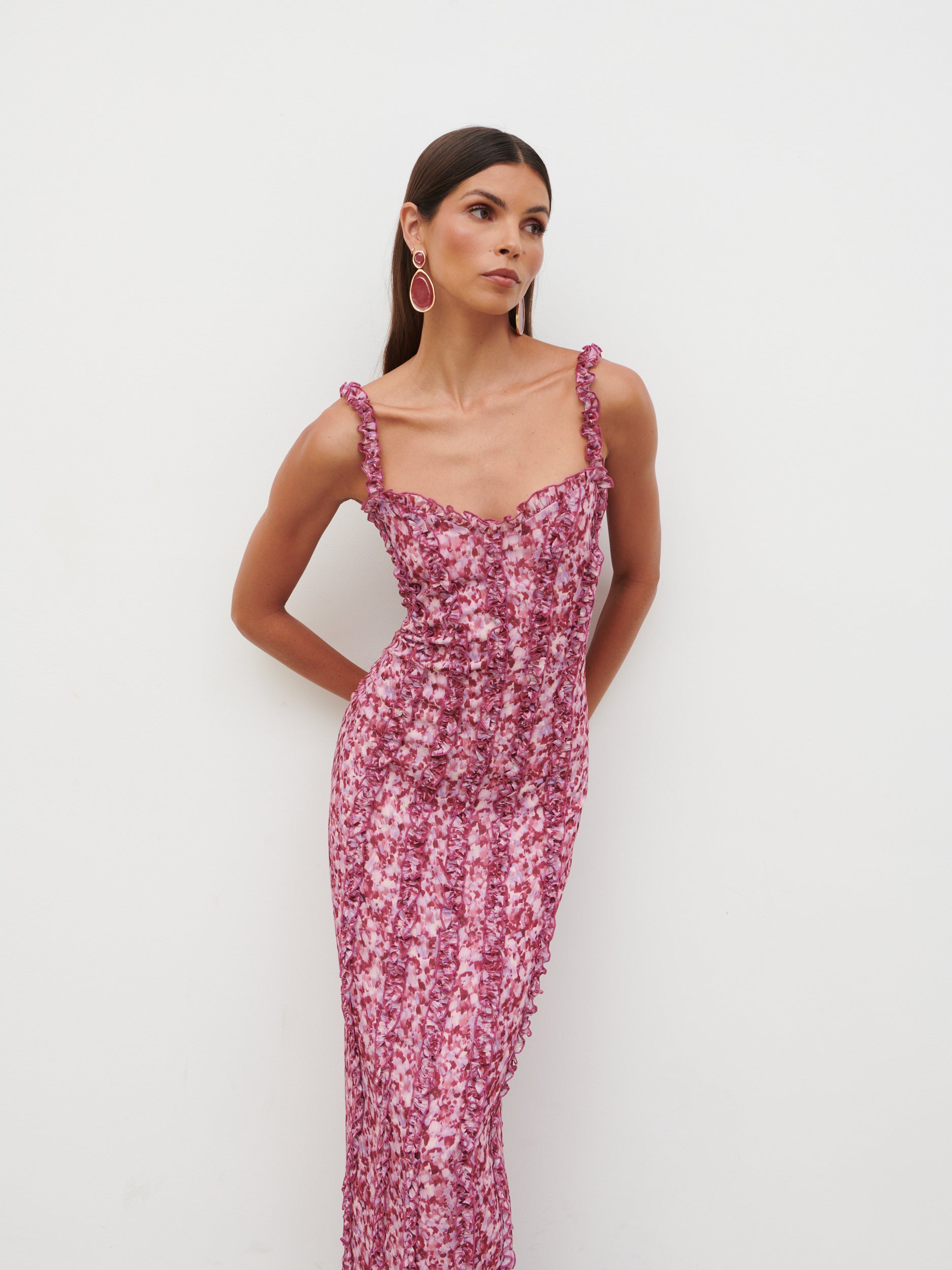 Ola Sweetheart Frill Maxi Dress - Pink and Lilac Abstract – Pretty Lavish