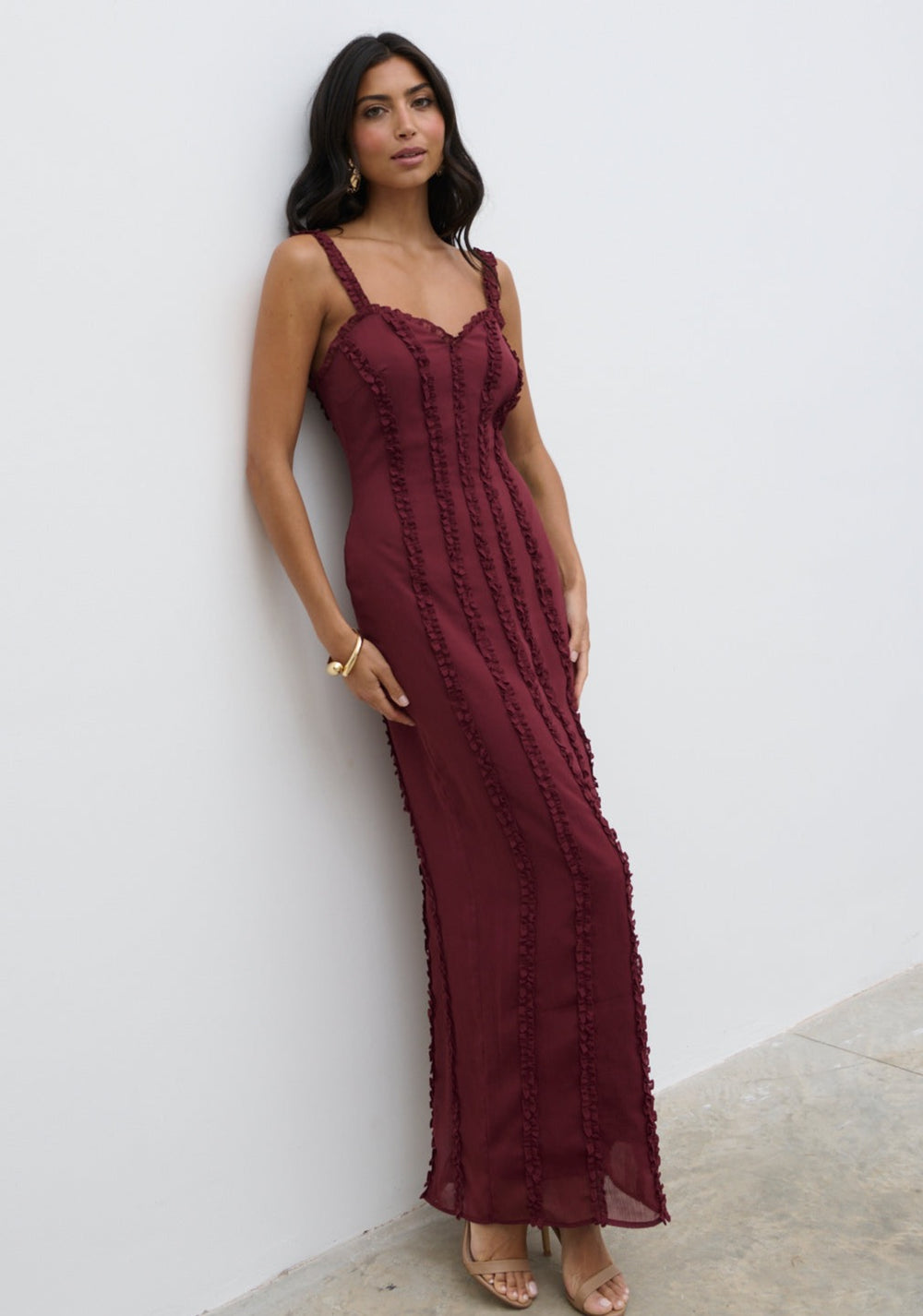 Ola Sweetheart Frill Maxi Dress - Wine – Pretty Lavish