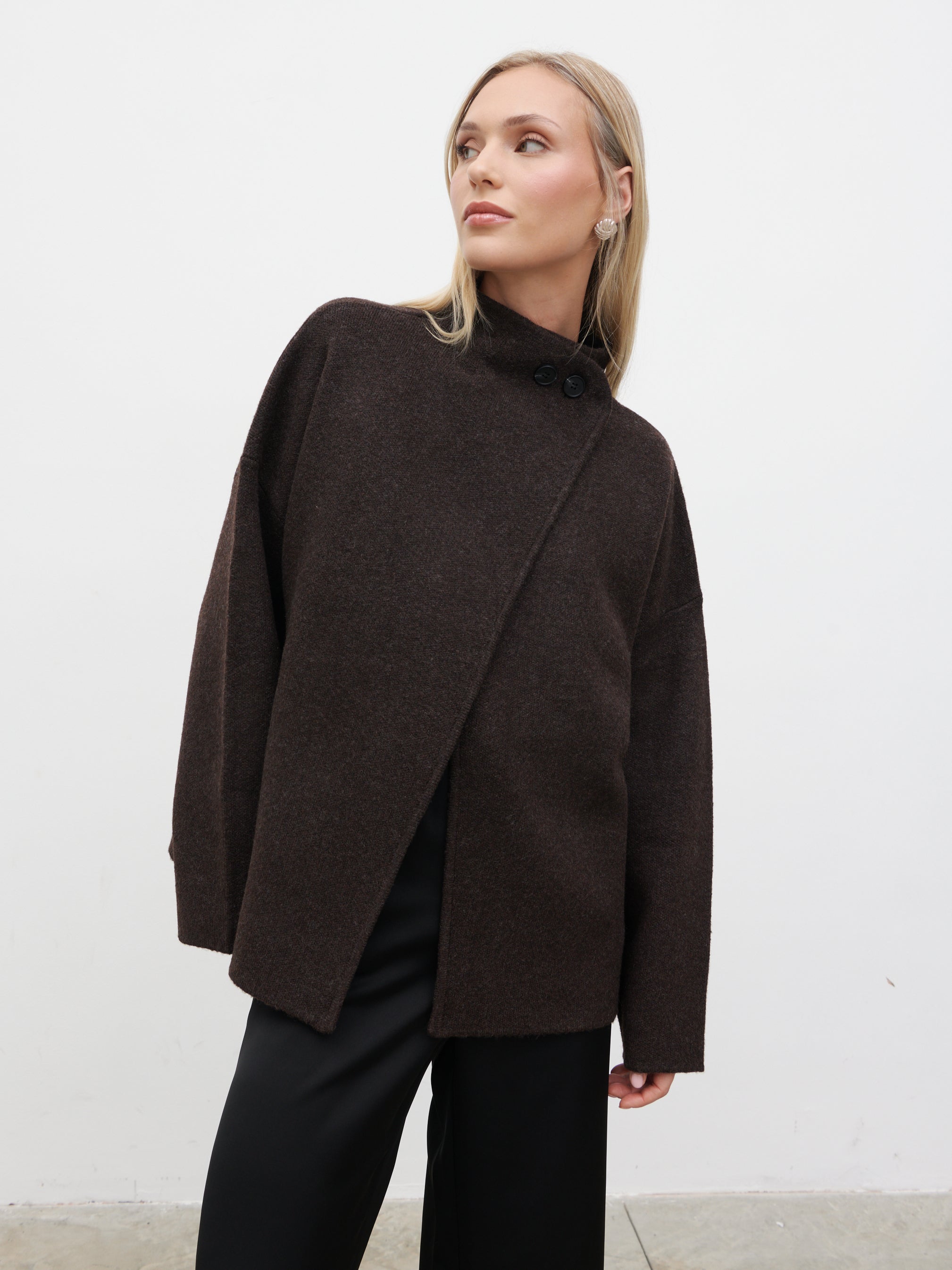 Sarlina Crossover Knit Cardigan With Button Neck - Chocolate Brown ...