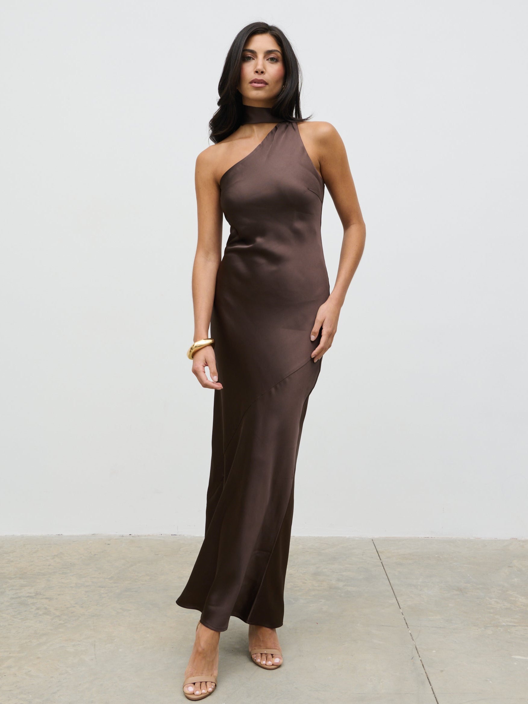 Sheree One Shoulder Sash Maxi Dress - Chocolate Brown – Pretty Lavish