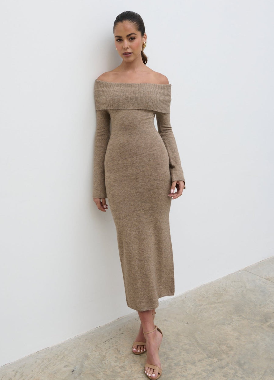 Soreya Bardot Soft Knit Dress - Brown Marl – Pretty Lavish