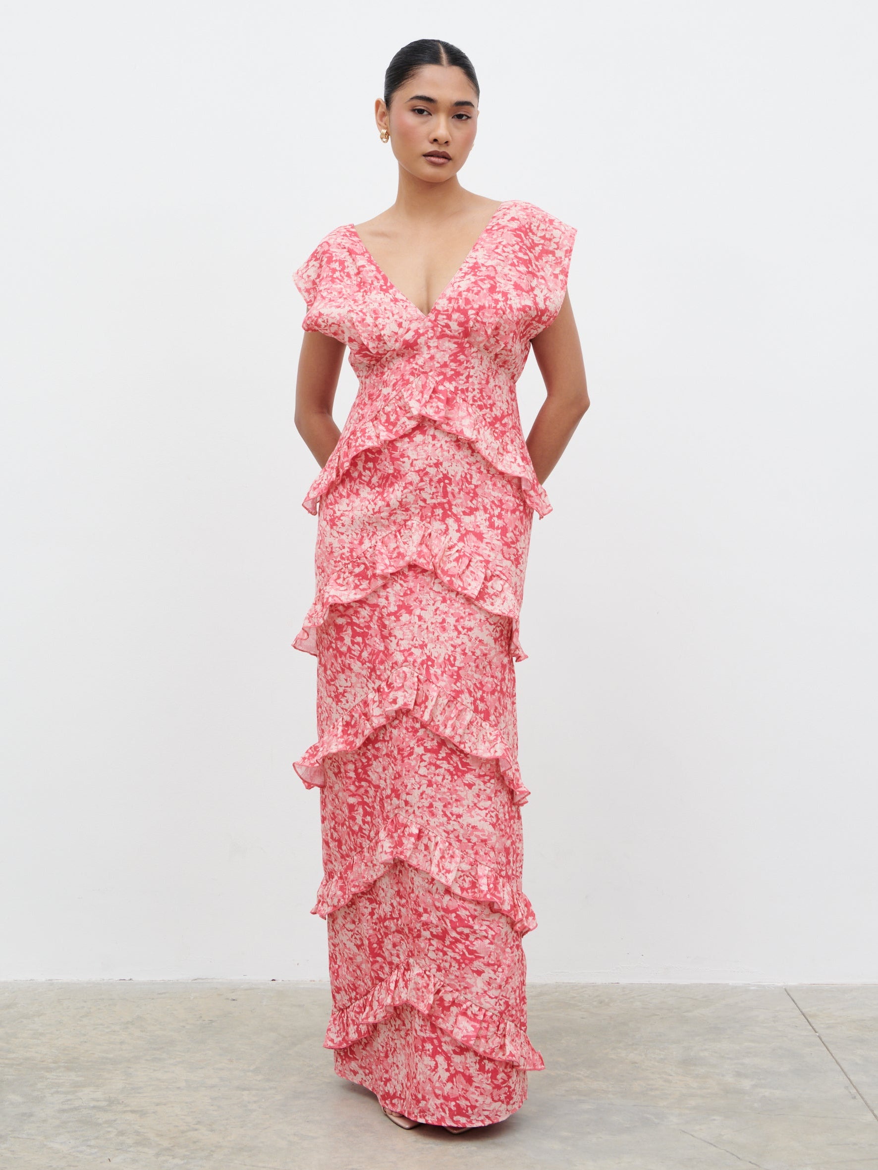 Tamsin Ruffle Maxi Dress - Pink Multi Abstract Print – Pretty Lavish