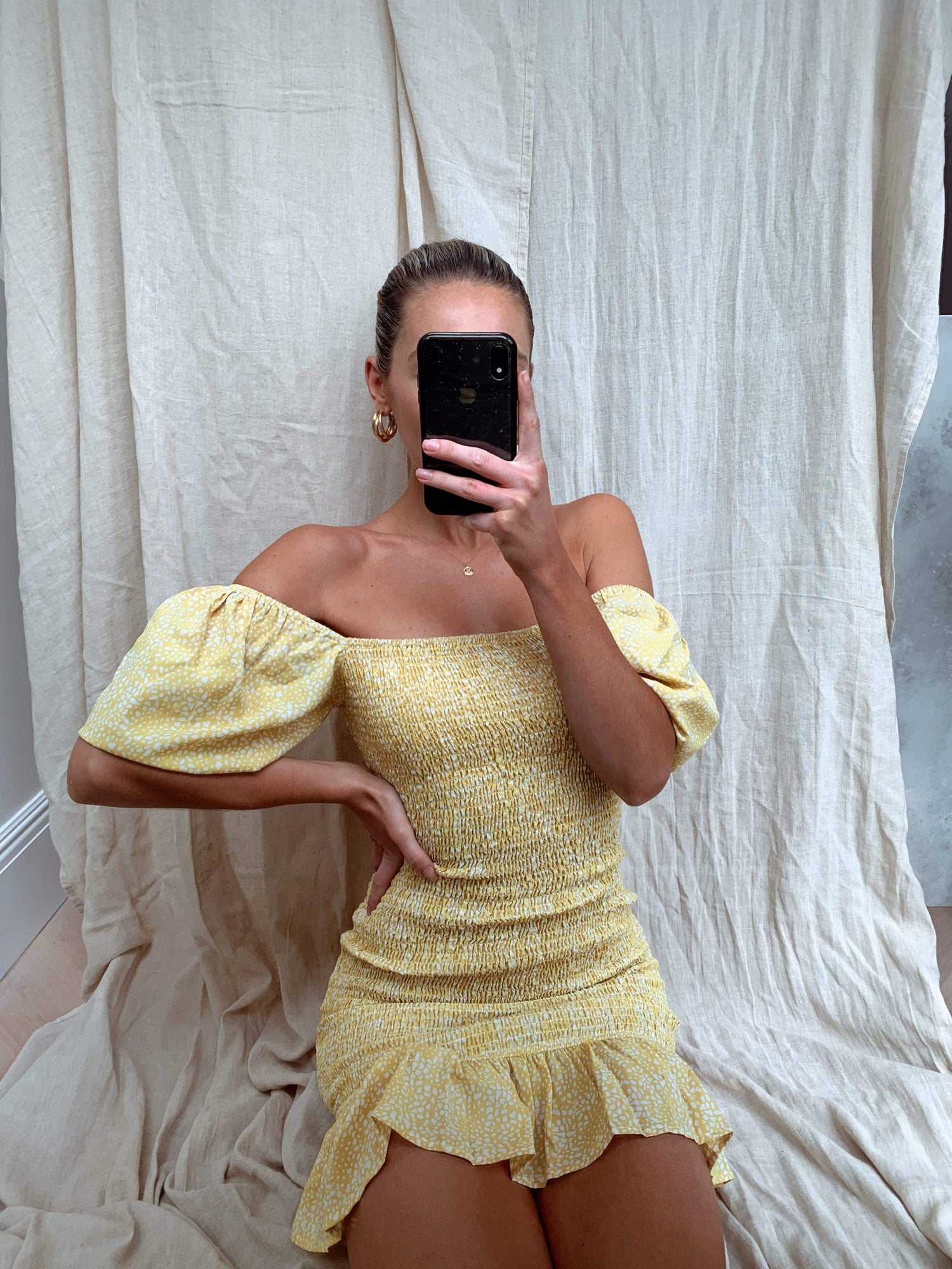 Libby Mini Shirred Dress - Lemon Spot – Pretty Lavish