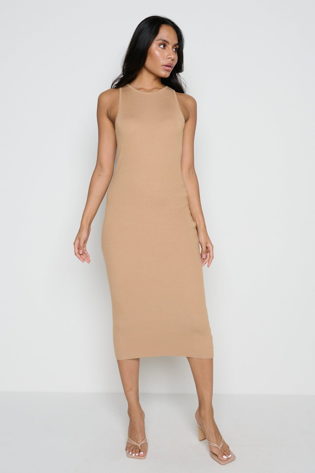 Billie Ribbed Racer Dress - Camel – Pretty Lavish