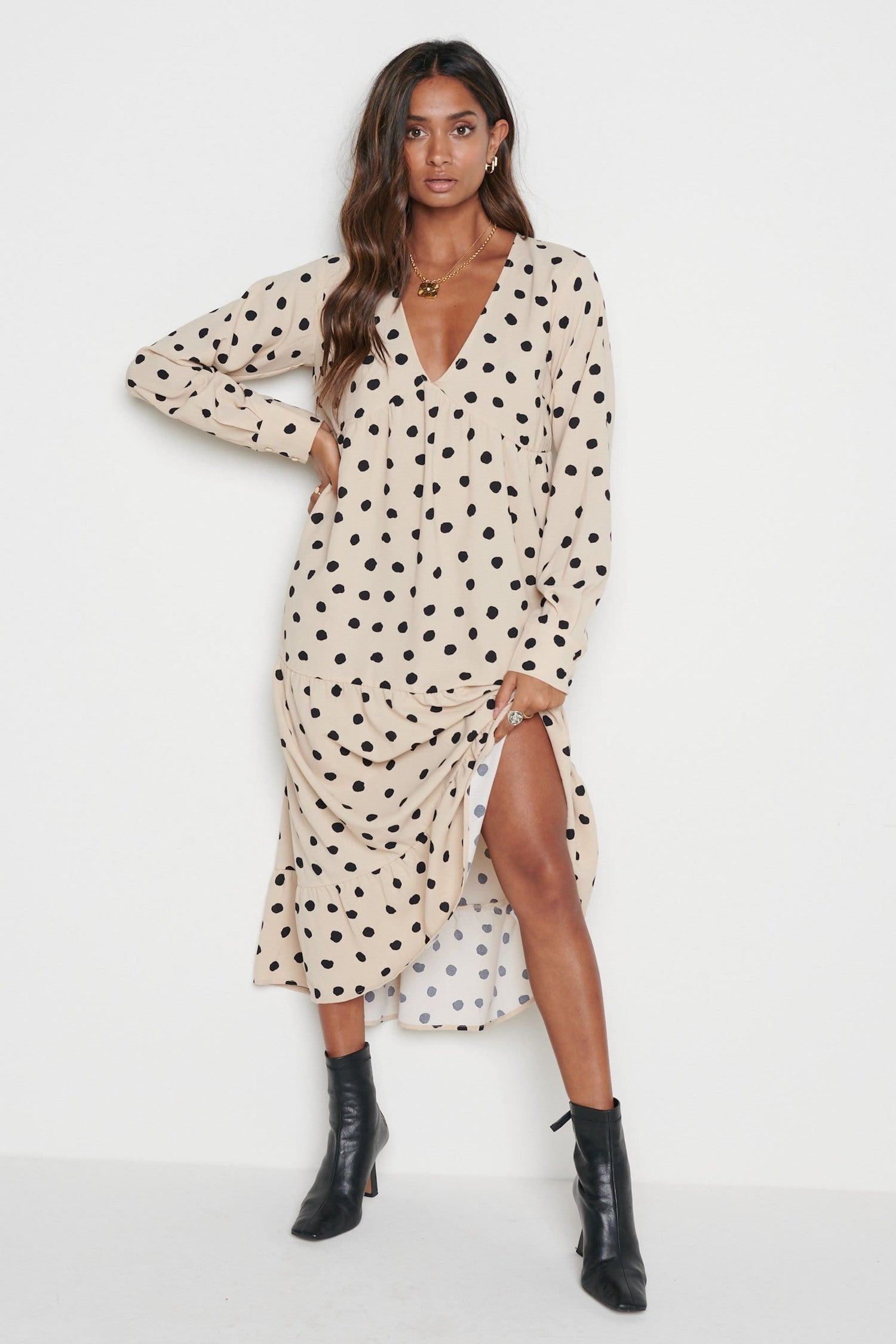 Dotty Day Dress - Beige Polka Dot – Pretty Lavish