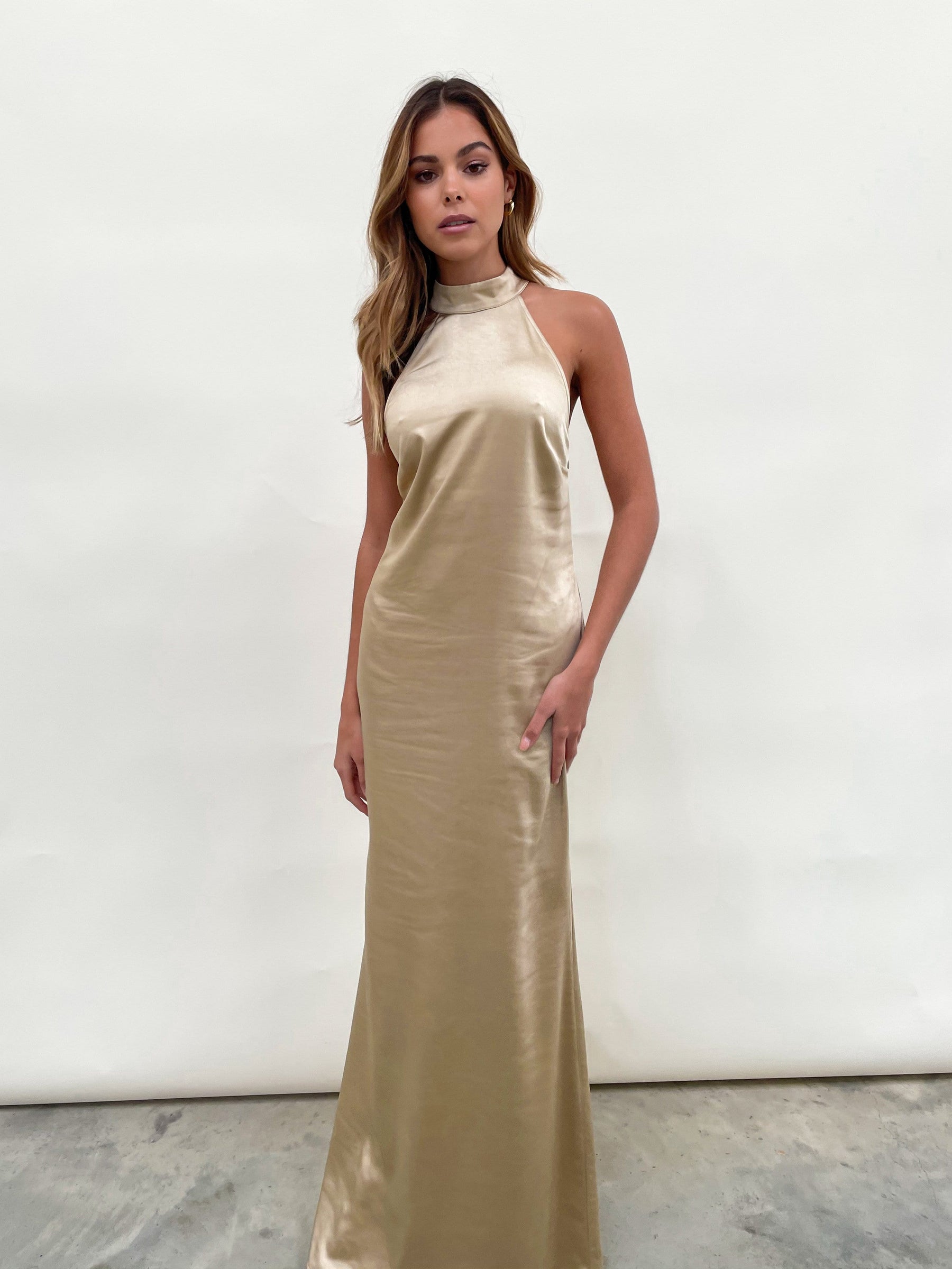 Raleigh High Back Halterneck Maxi Dress - Matte Bronze – Pretty Lavish