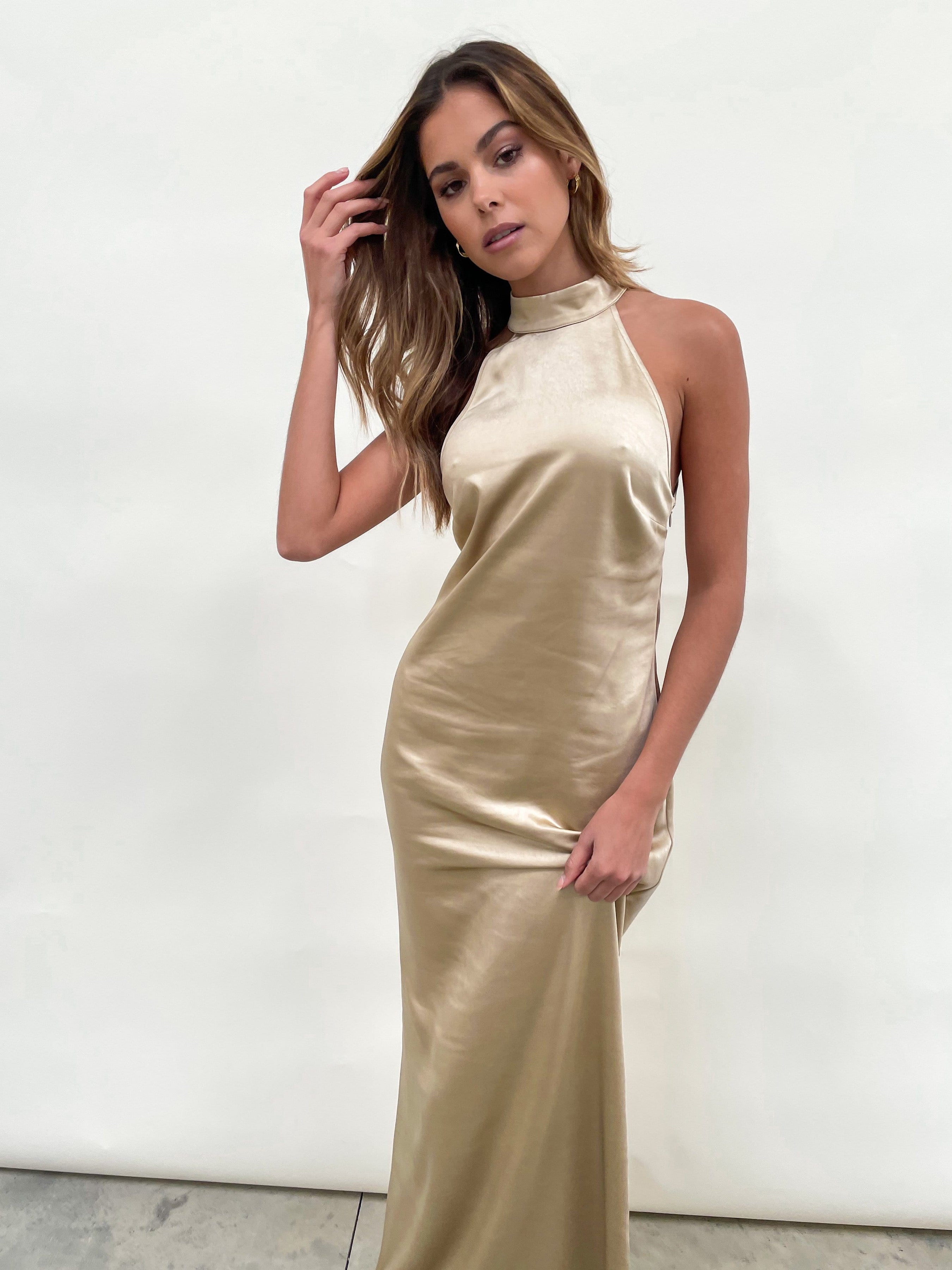 Raleigh High Back Halterneck Maxi Dress - Matte Bronze – Pretty Lavish