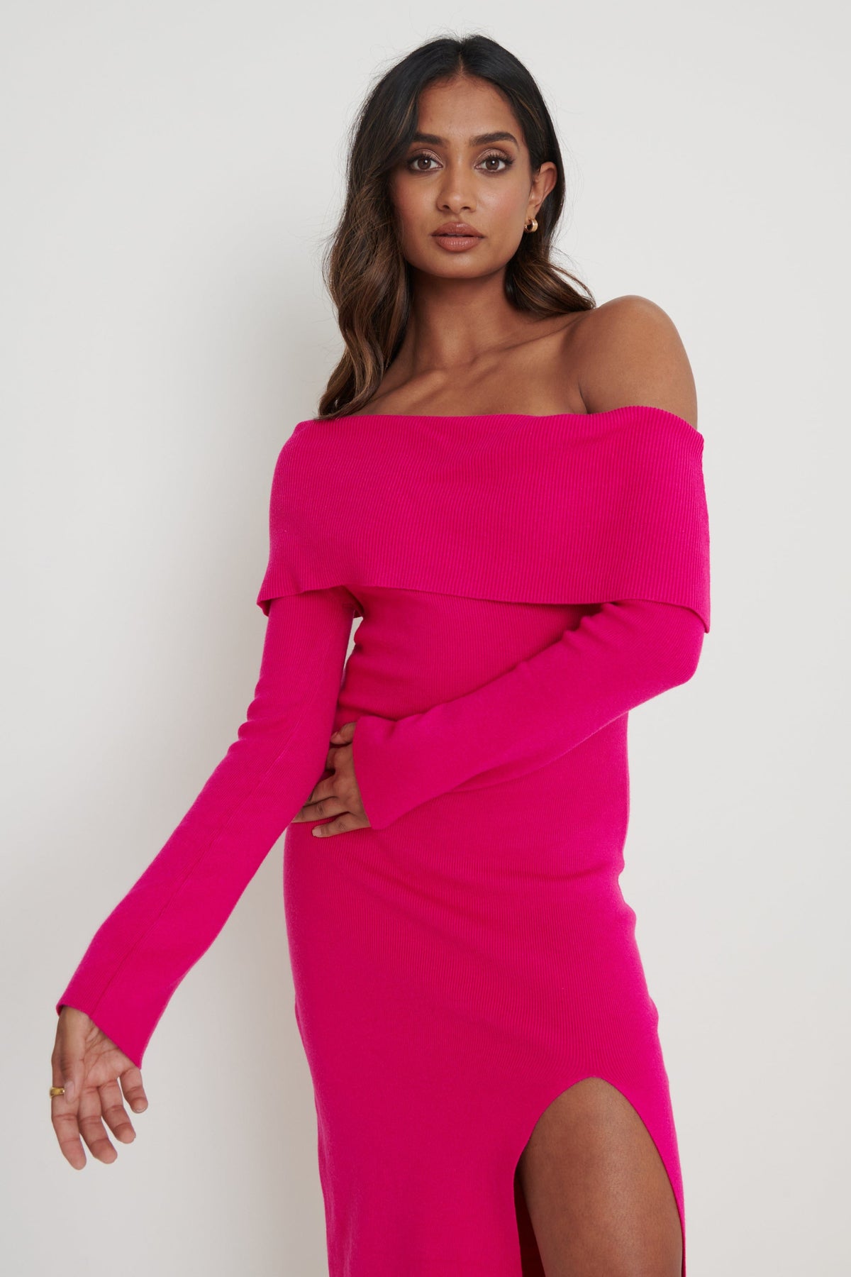 Payton Asymmetric Bardot Knit Dress - Pink – Pretty Lavish